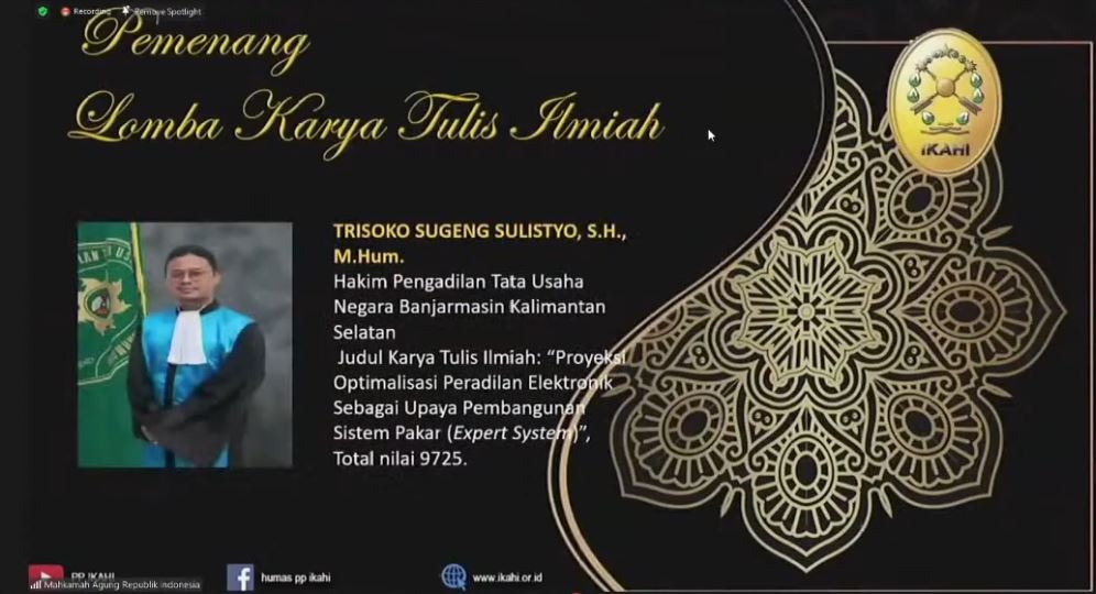 Hakim PTUN Banjarmasin Pemenang Lomba Karya Tulis Ilmiah (LKTI) IKAHI 2021